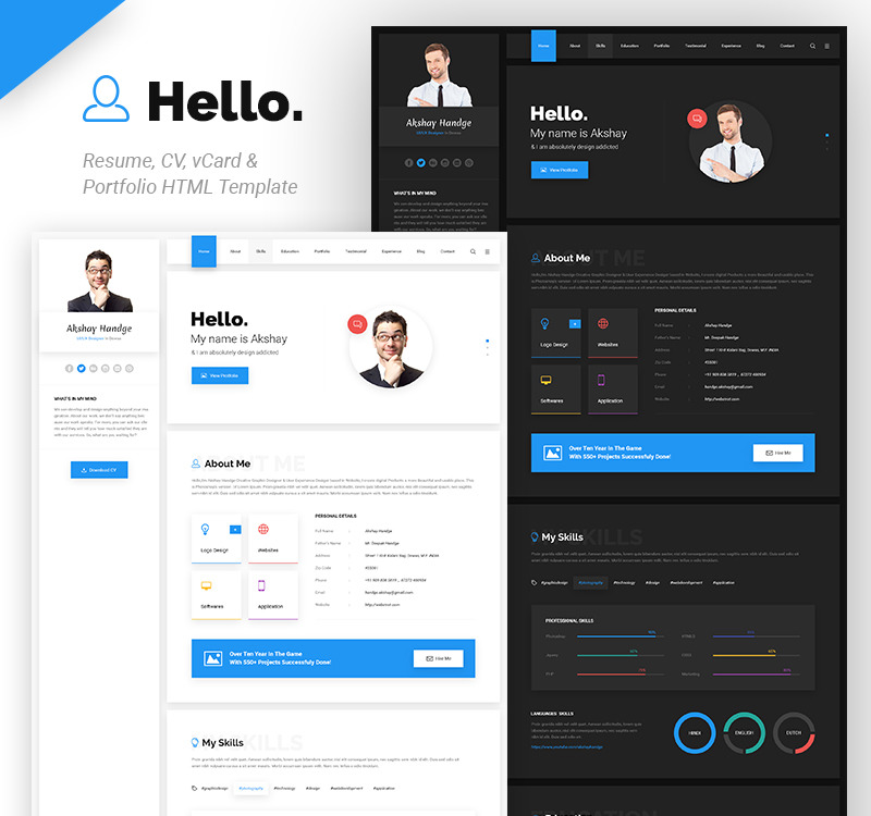 Hola currículum - CV, vCard y plantilla de sitio web HTML de cartera
