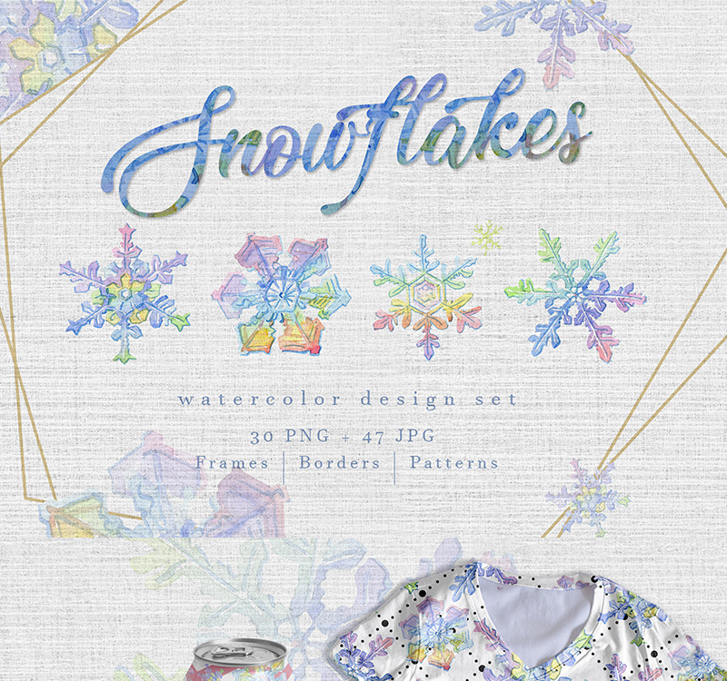 Watercolor Colorful Snowflakes PNG Set - Illustration