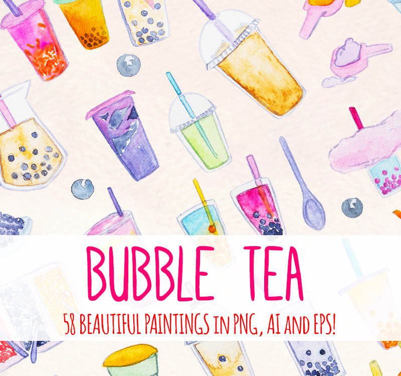 Bubble Tea Watercolor Graphics 58 Clip Art Images - Illustration