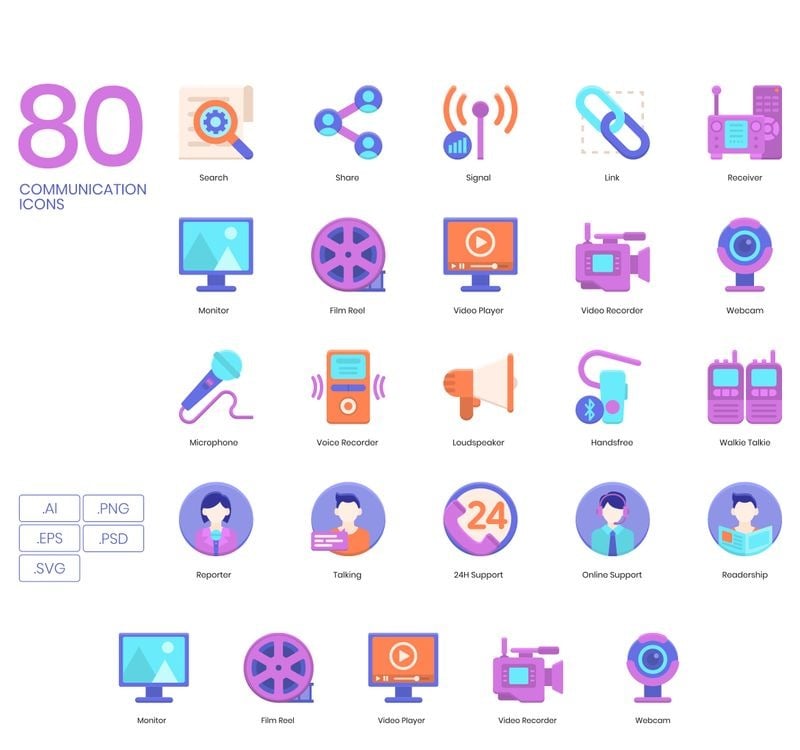 80 Communication Icons - Violet Series Set - TemplateMonster