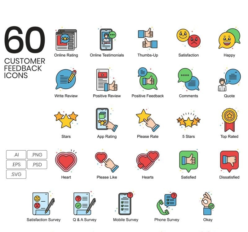 60 Customer Feedback Icons - Vivid Series Set