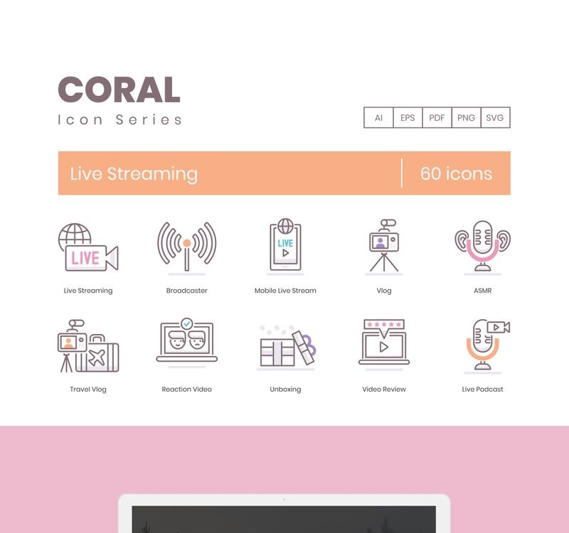 60 Live Streaming Icons - Coral Series Set - TemplateMonster