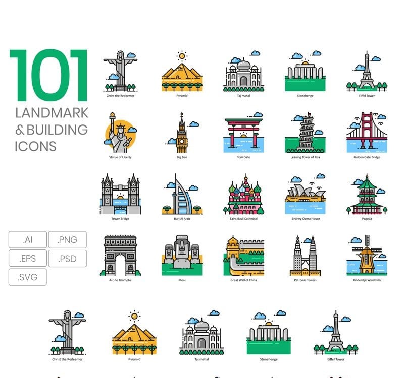 101 Landmark _ Building Icons - Aesthetic Series Set