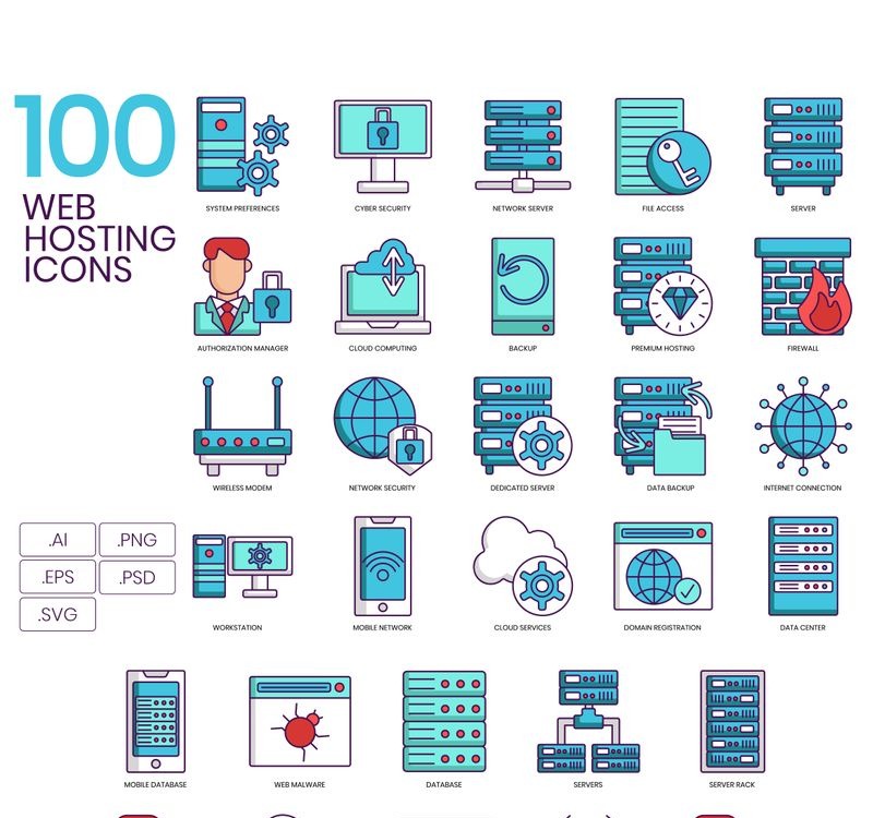 100 Web Hosting Icons - Turquoise Series Set