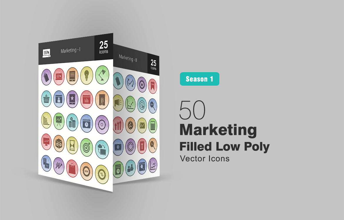 50 Marketing Filled Low Poly Icon Set - TemplateMonster