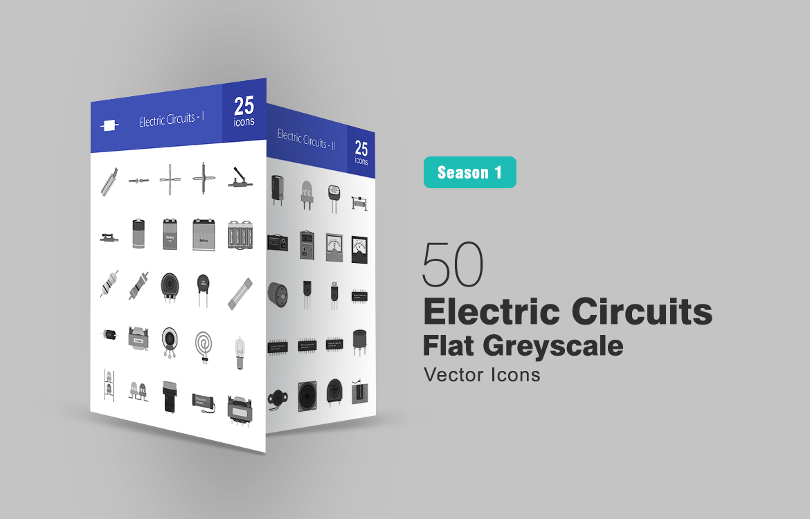 50 Electric Circuits Flat Greyscale Icon Set