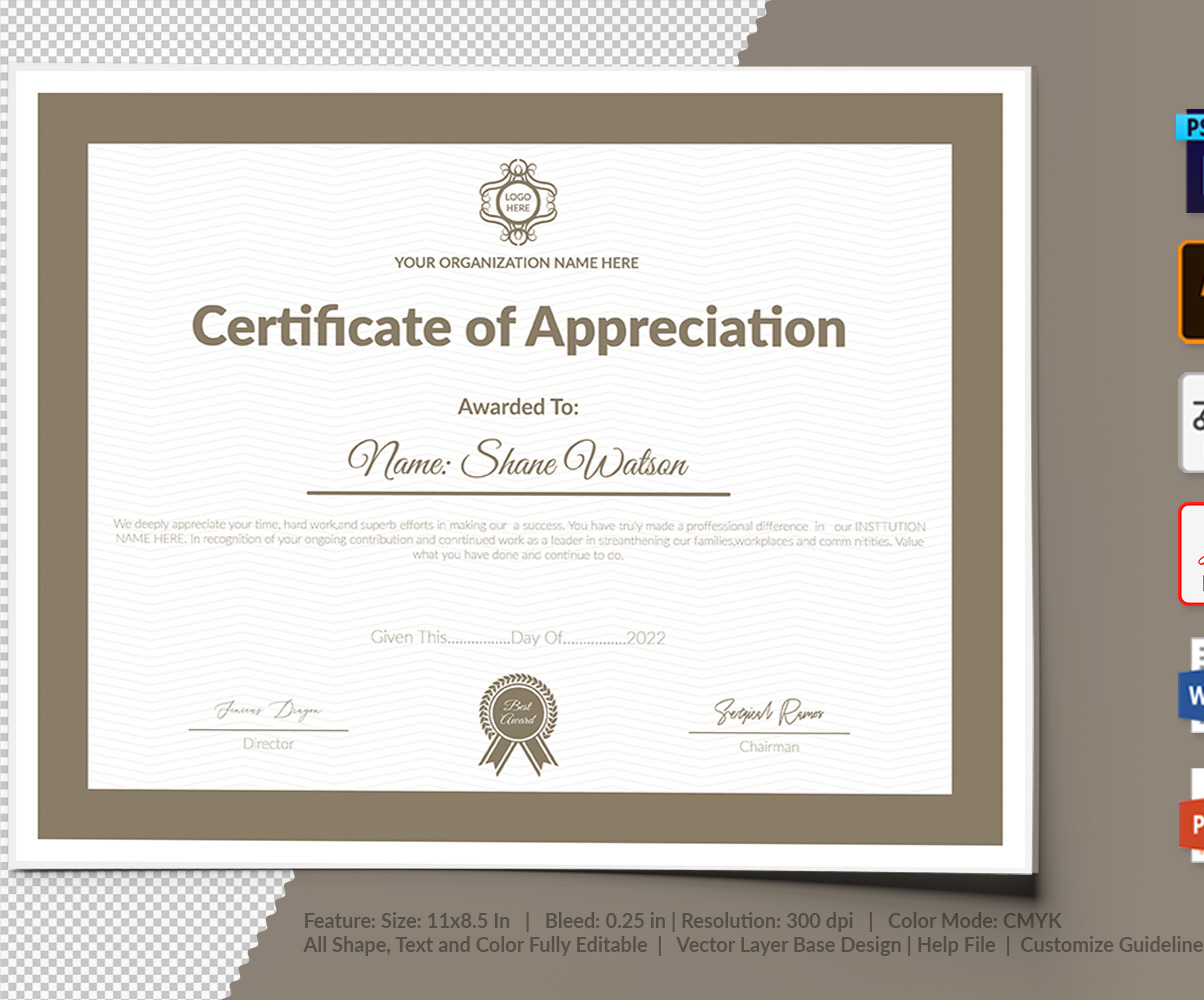 Printable of Appreciation Certificate Template #104847