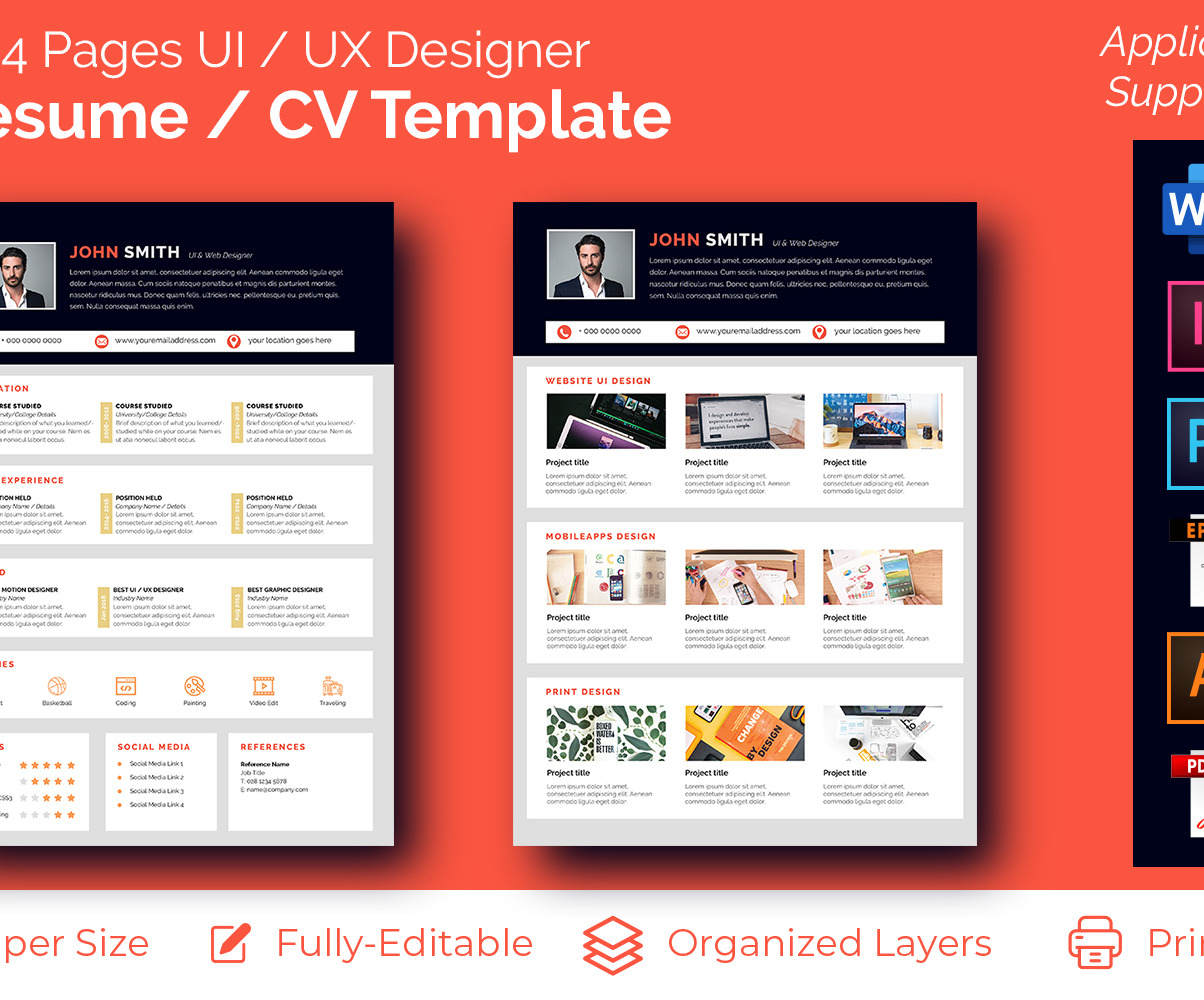2 A4 Pages UI / UX, Graphic Designer CV Resume Template