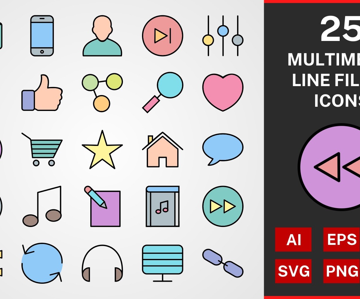 25 Multimedia LINE FILLED ICON PACK