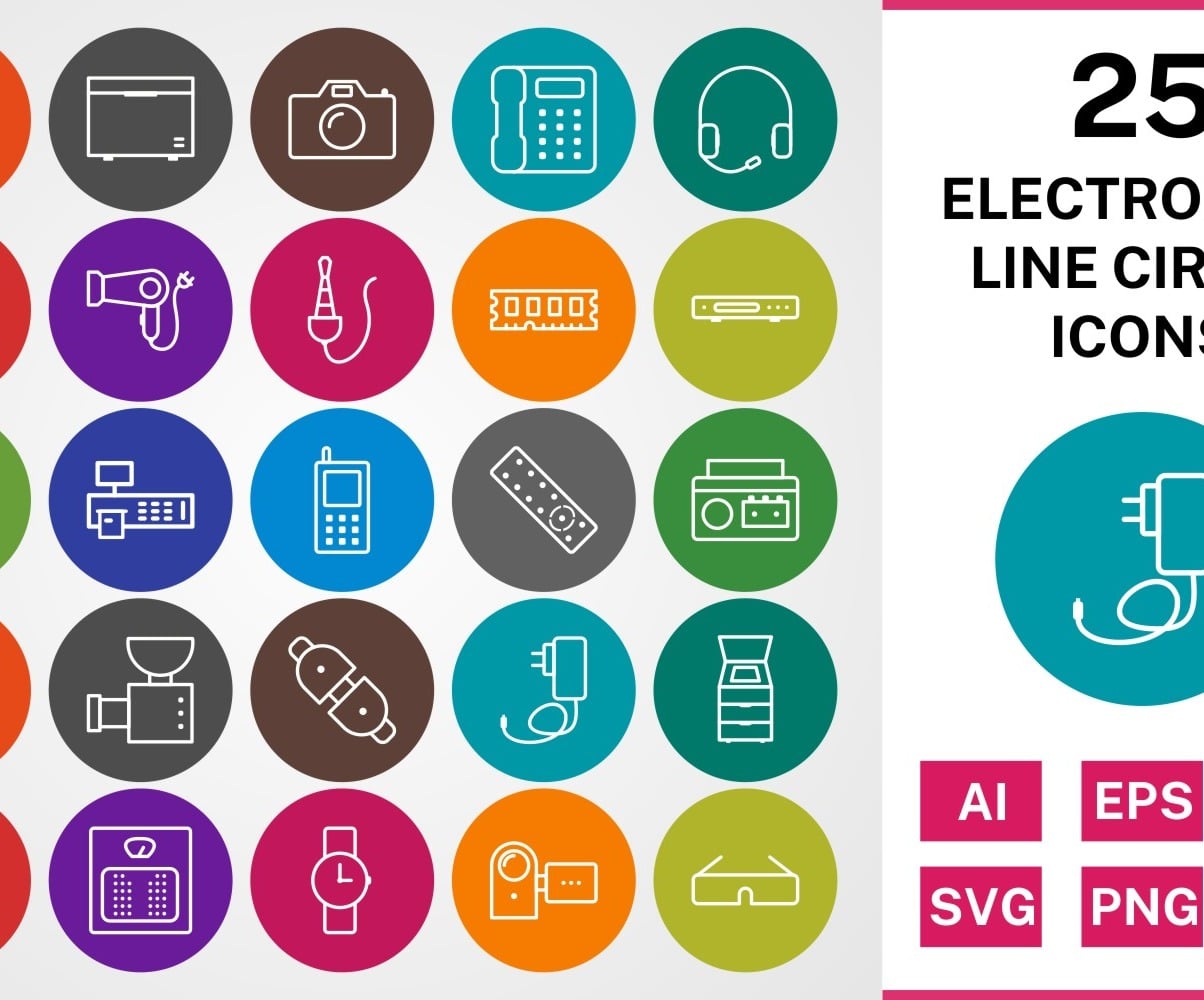 25 ELECTRONIC DEVICES LINE CIRCLE ICON PACK