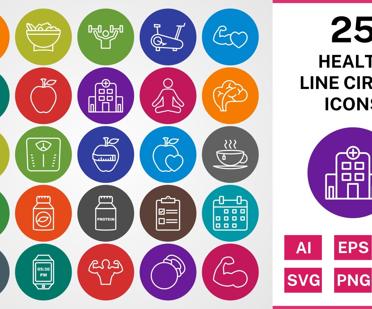 25 HEALTH LINE CIRCLE ICON PACK