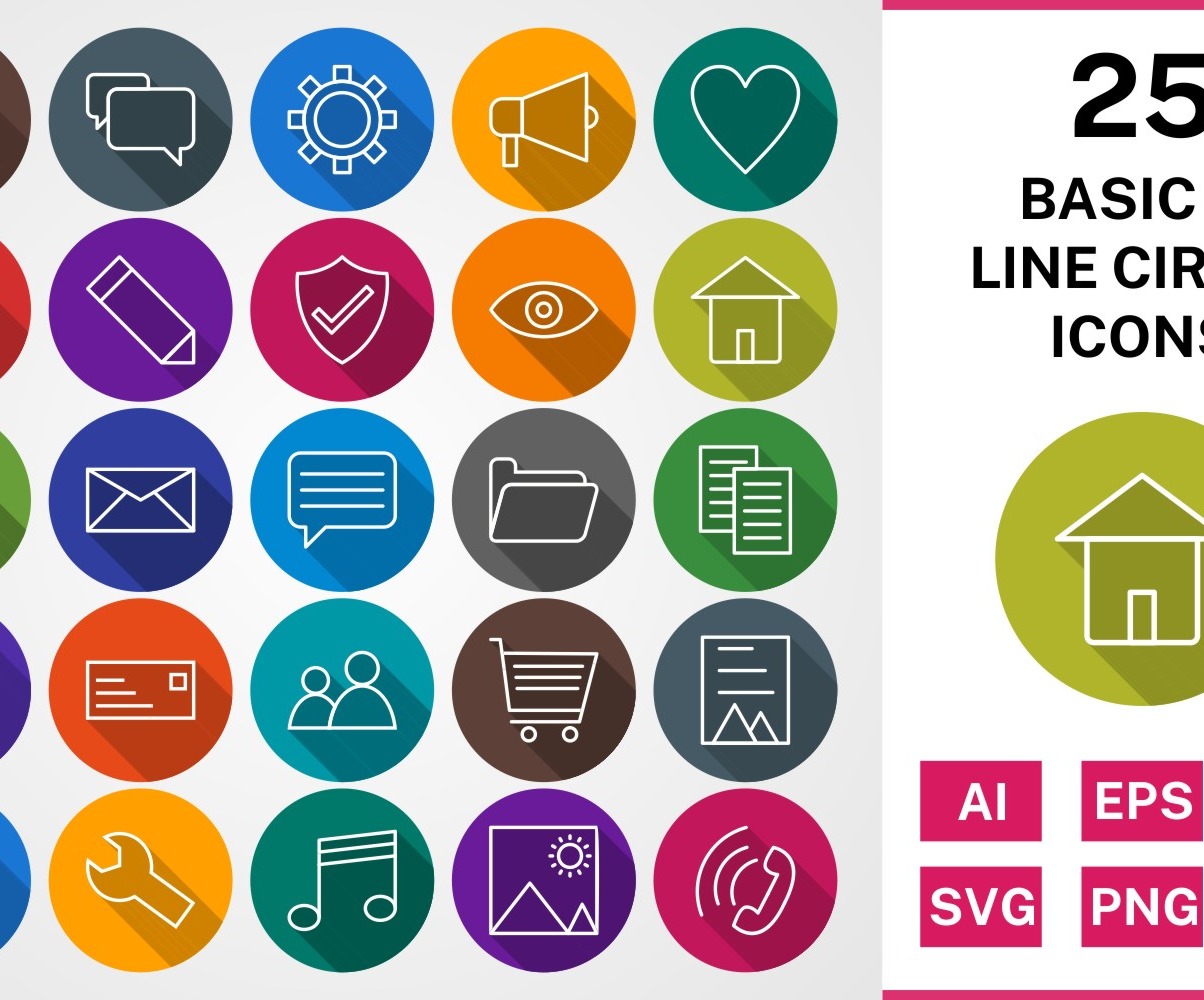 25 BASIC UI LINE CIRCLE SHADOWED ICON PACK