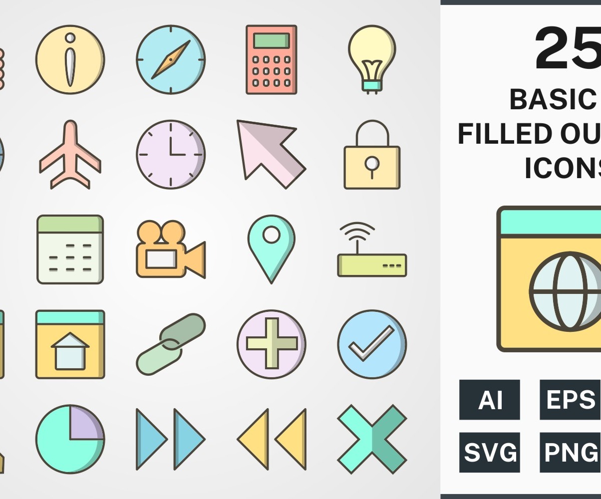 25 BASIC UI FILLED OUTLINE ICON PACK
