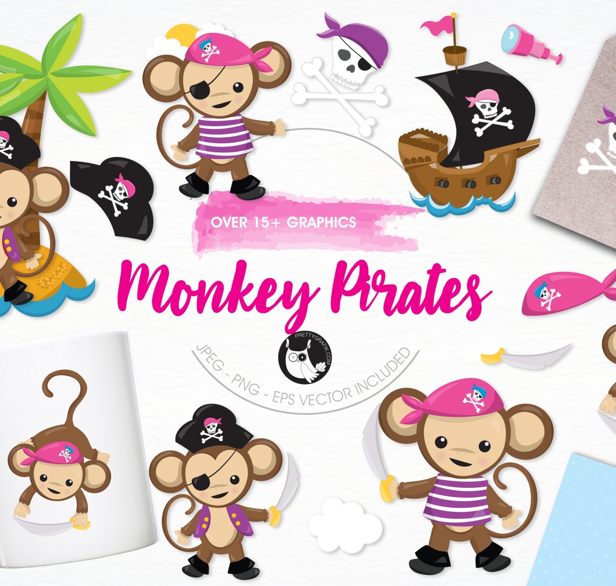 Monkey pirate illustration pack Vector #120772