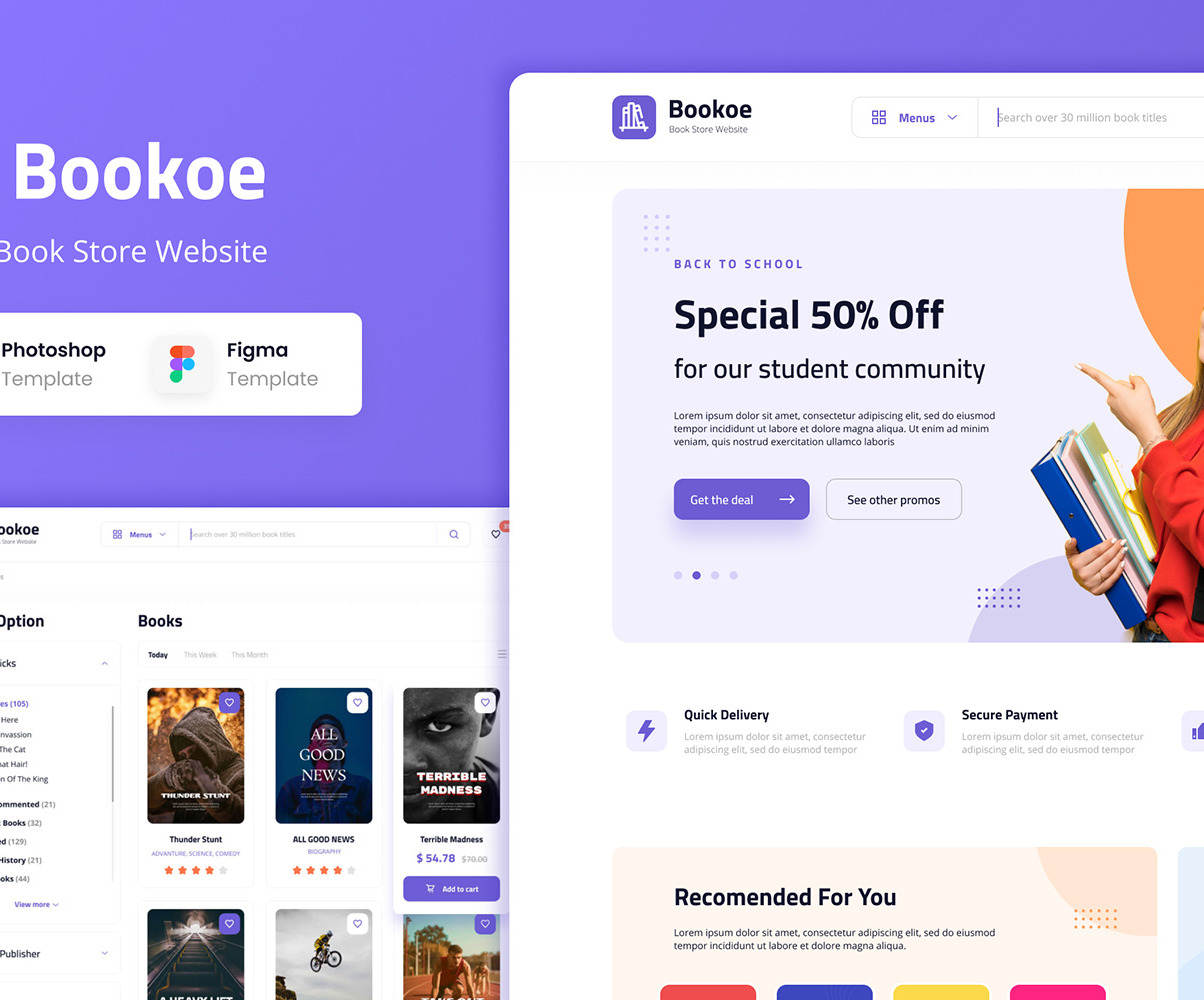Modern website User Interface design template for a Book Store eCommerce