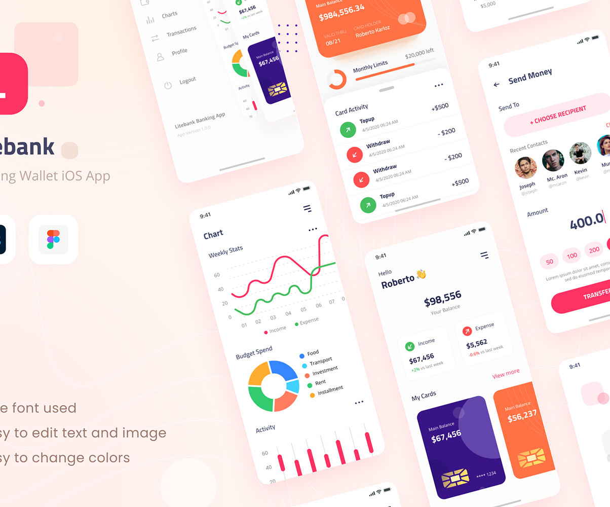 Modern iOS User Interface design template for Banking Wallet