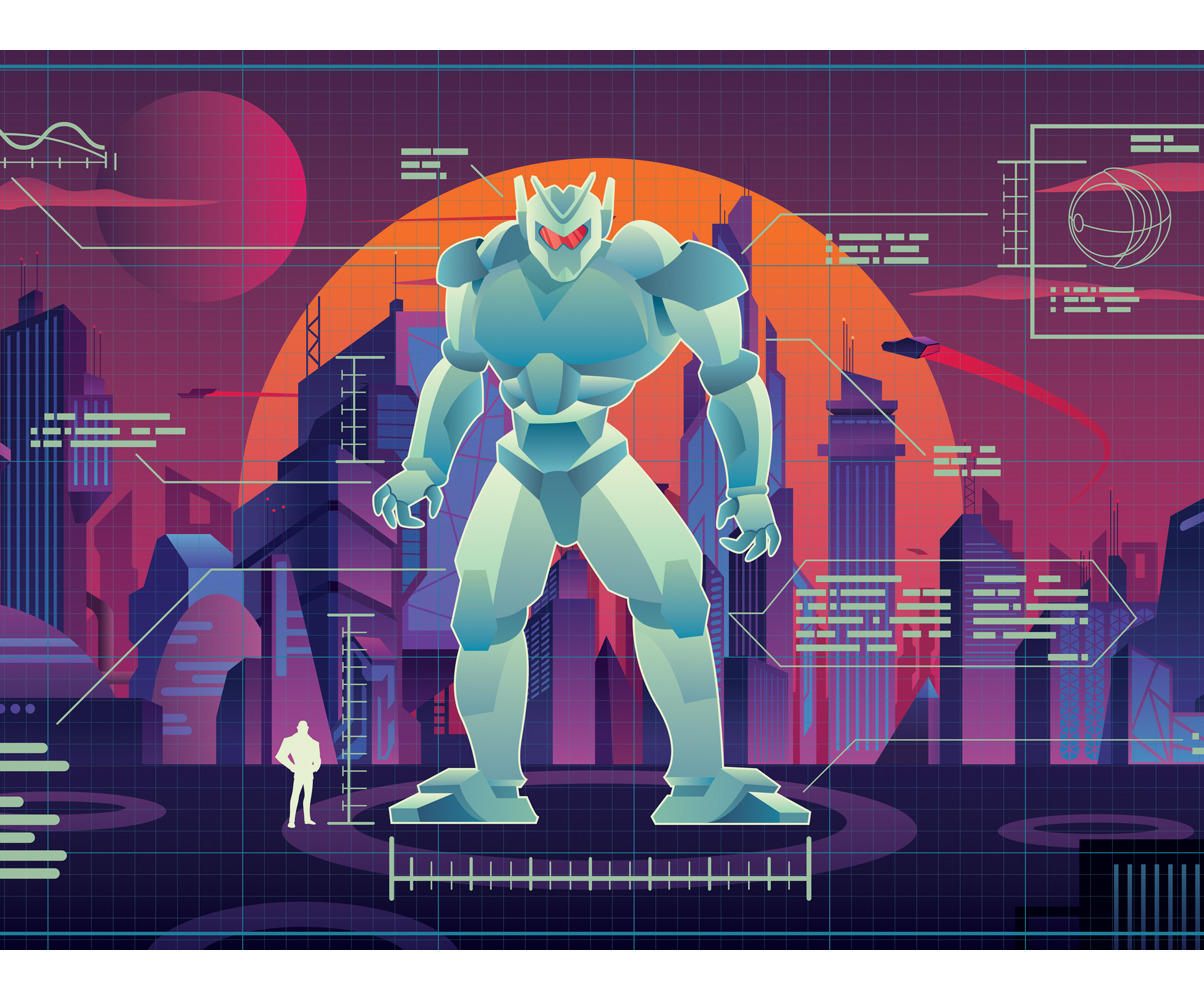 Robot giant transformer android military army scene city cityscape