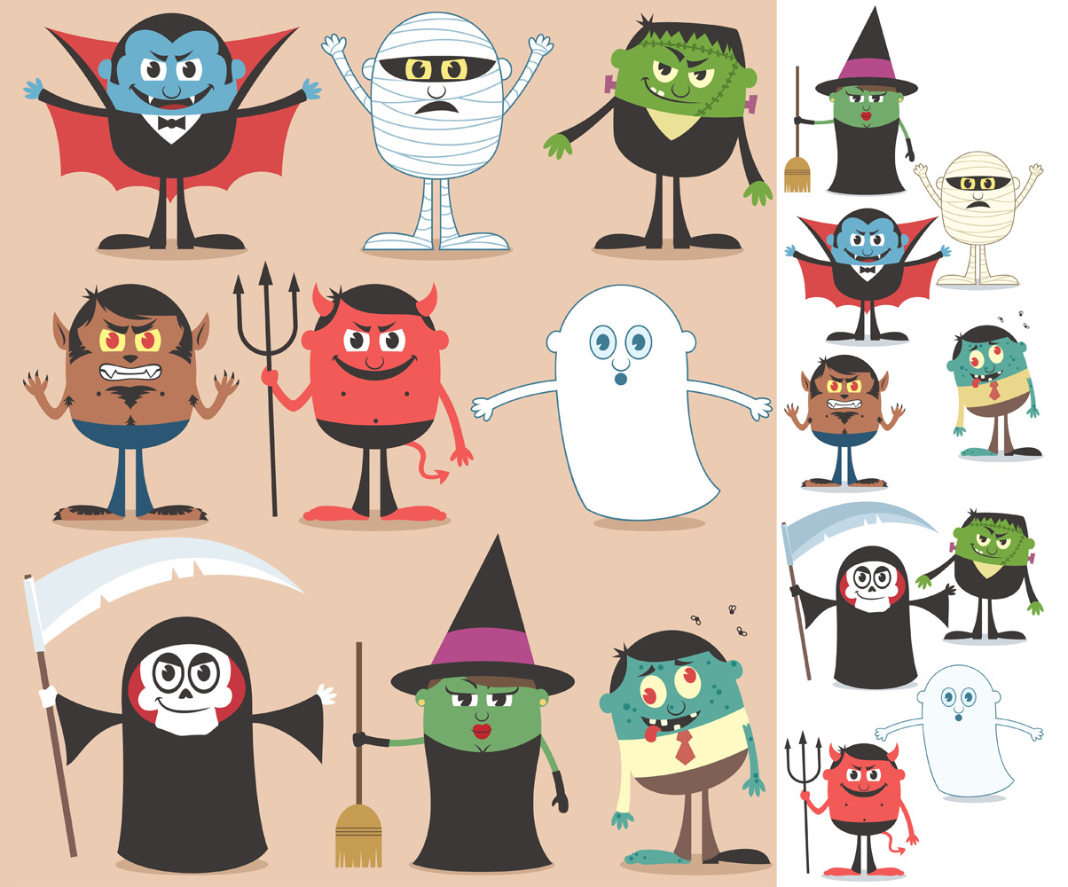 Halloween character cartoon set pack collection monster beast creature ...