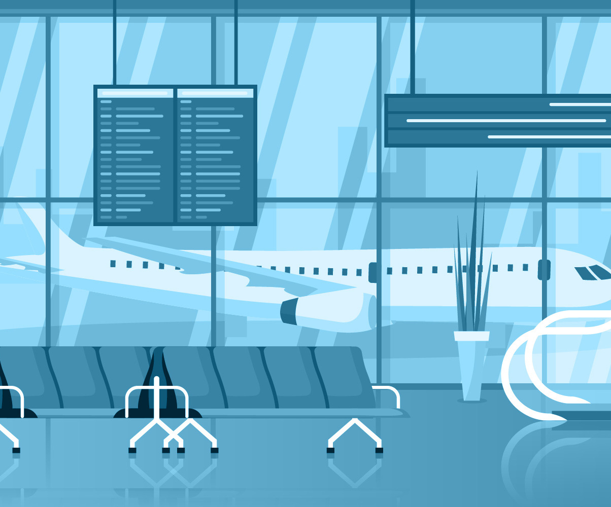 Airport, airplane, terminal, gate, waiting, room, hall, interior, flat ...