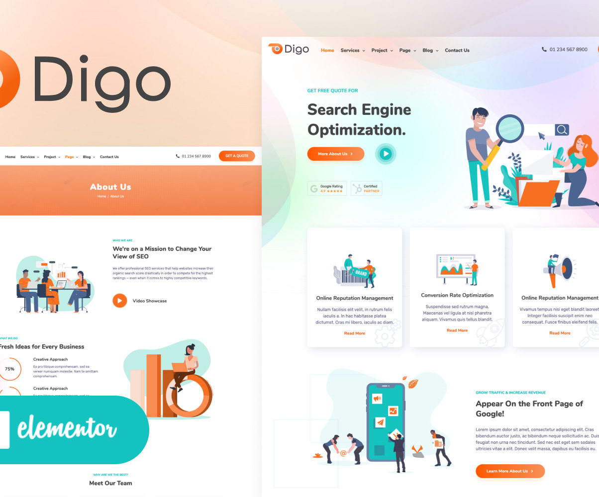 SEO and Digital Marketing WordPress Theme built on Elementor Page Builder