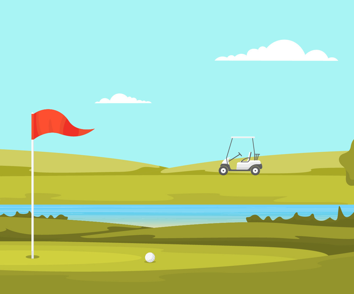 Golf, field, flag, pond, grass, tree, outdoor, sport, landscape, vector ...