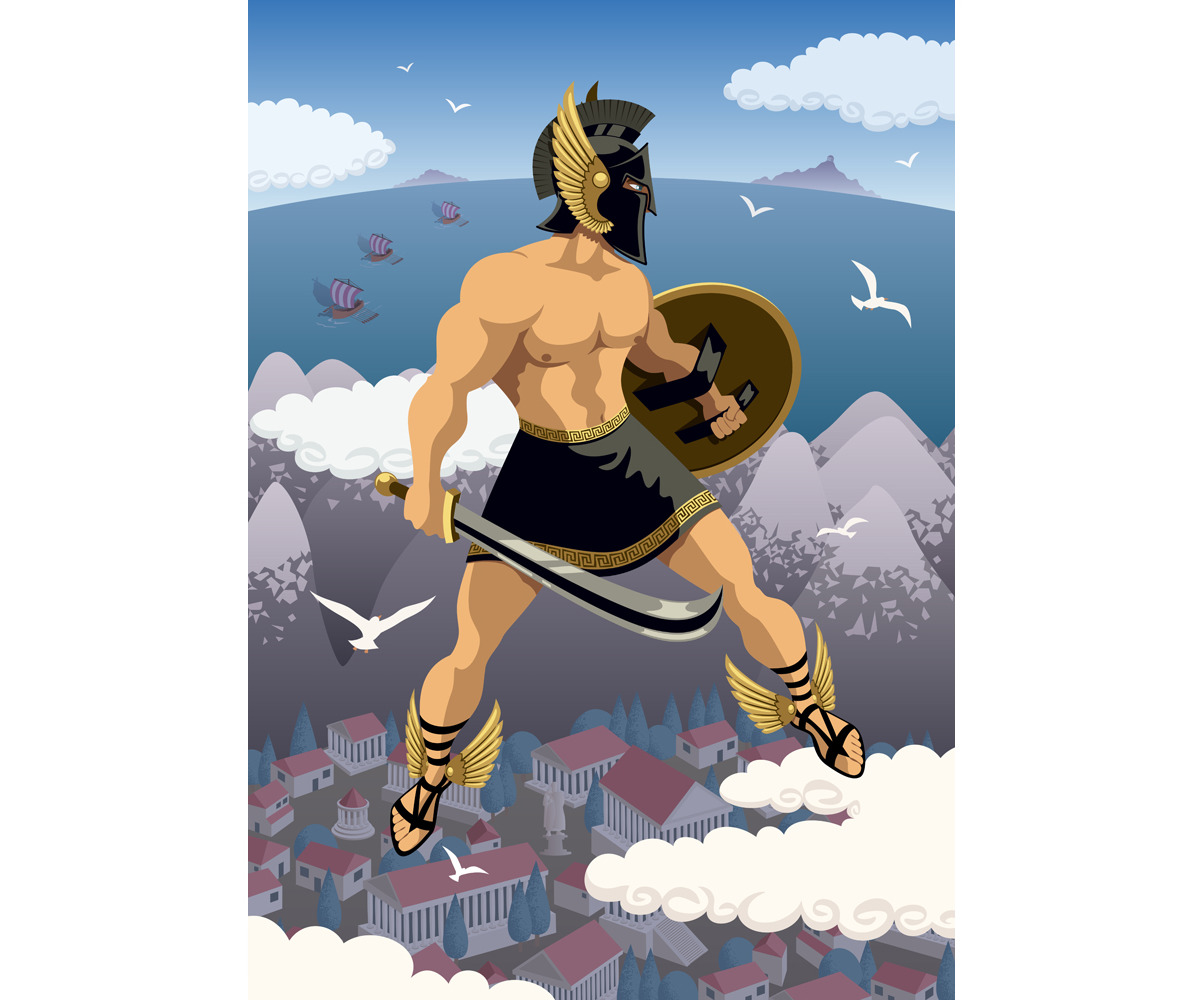 Perseus hero warrior soldier Greek Roman mythology town city acropolis ...