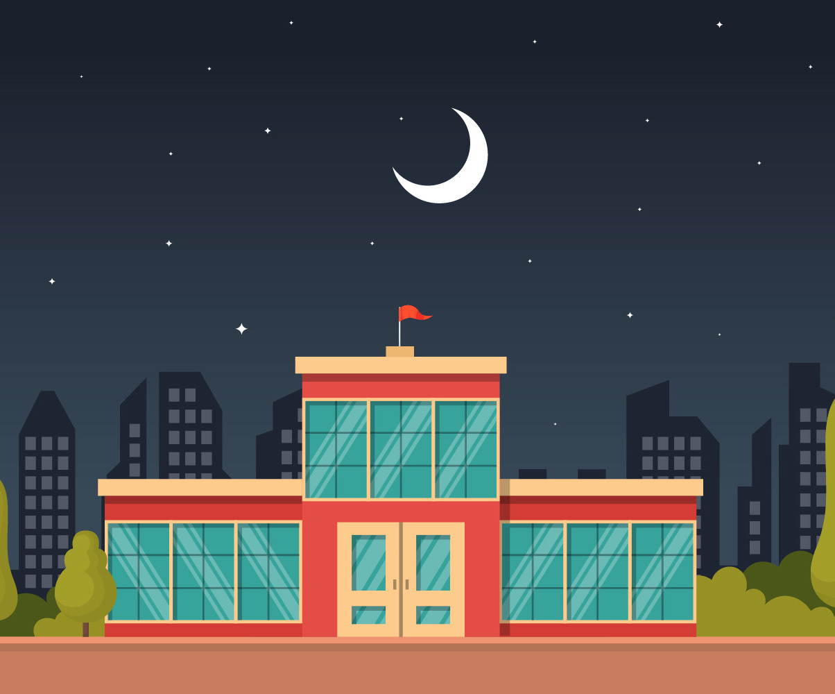 School, education, building, night, outdoor, landscape, cartoon ...