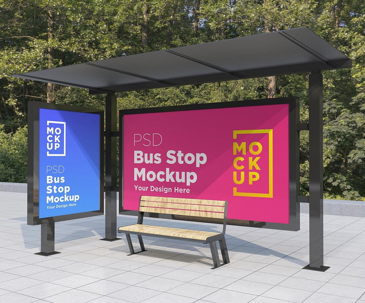 Bus Stop with 2 signage advertising Product Mockup Product Mockup №148269