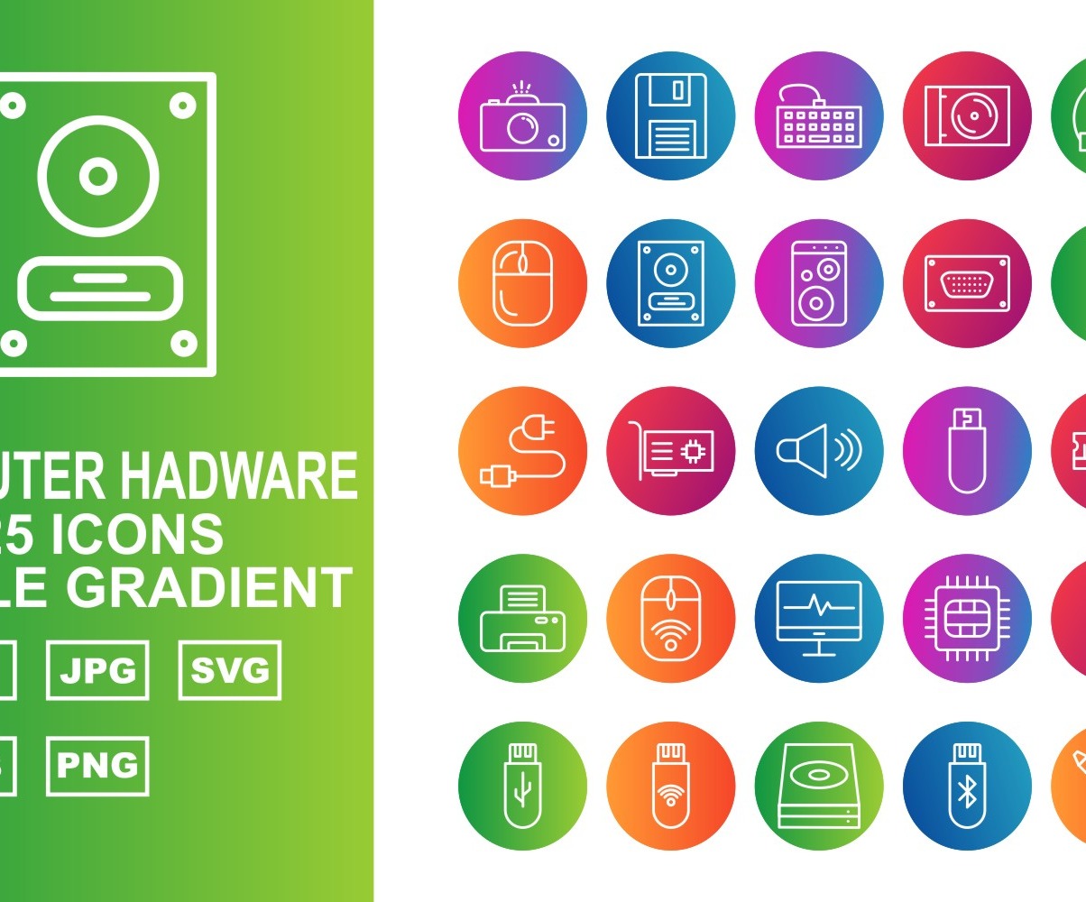 25 Premium Computer Hardware Circle Gradient Icon Set
