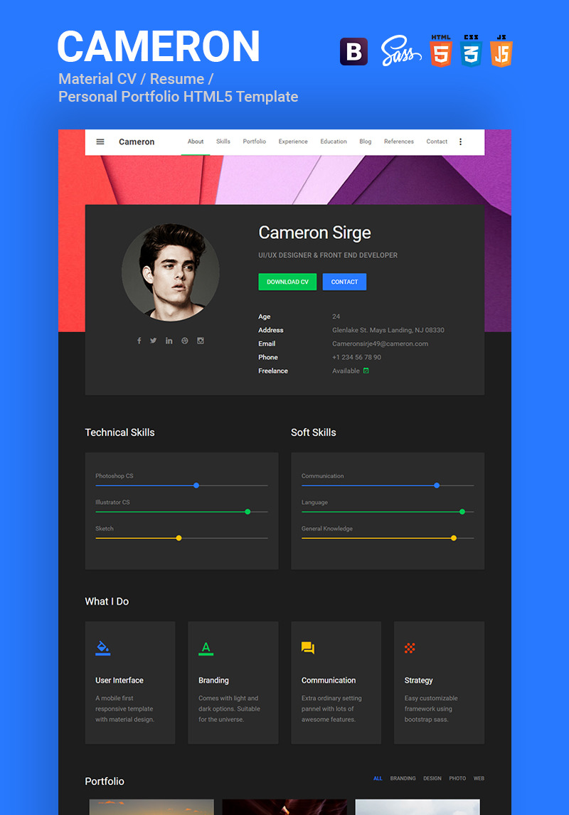 Cameron - Material CV / Resume / vCard / Portfolio Html Template ...