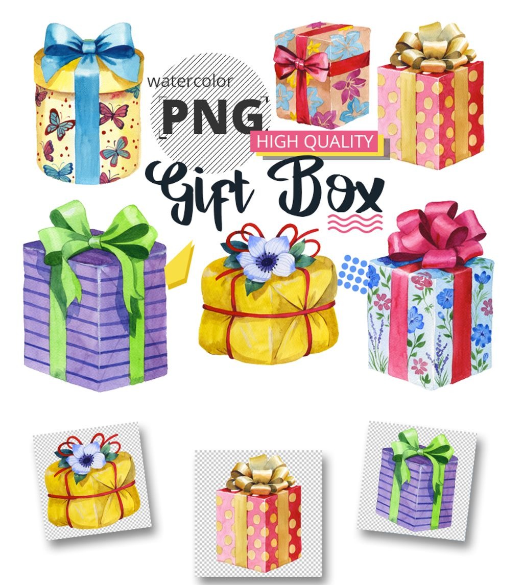 Gift boxes watercolor PNG set Illustration #65913