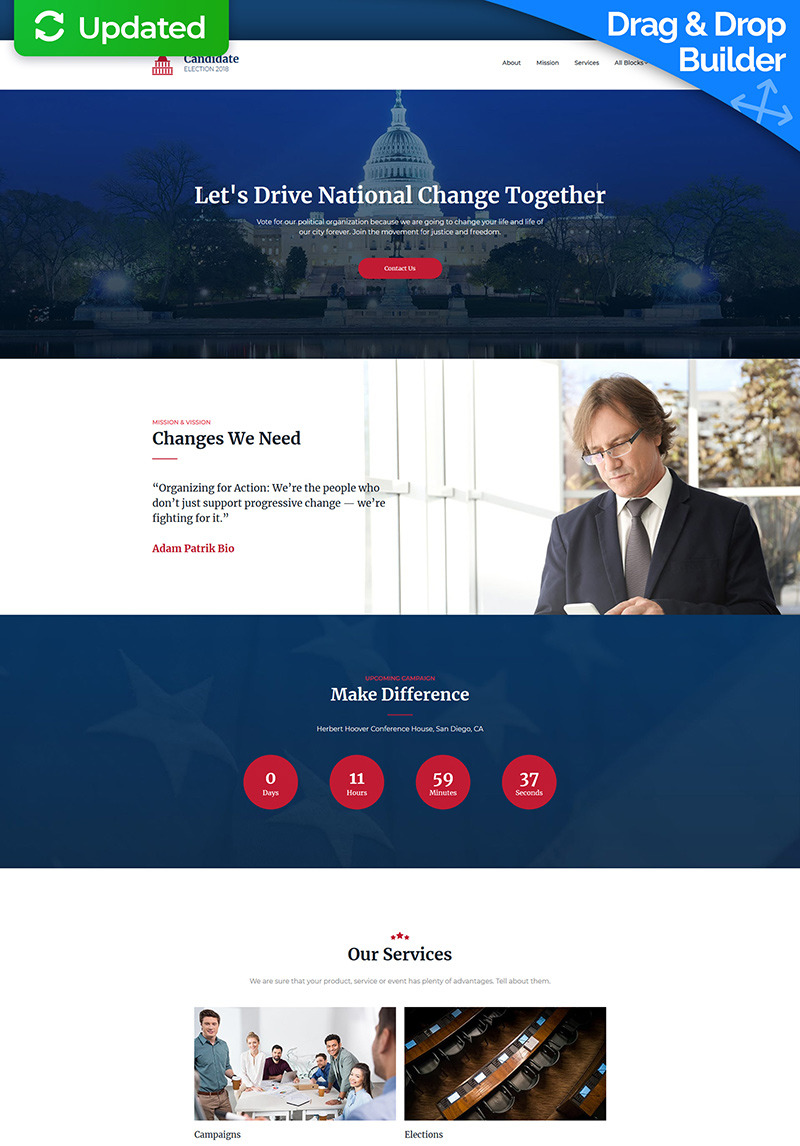 Political Campaign MotoCMS 3 Landing Page Template #68219
