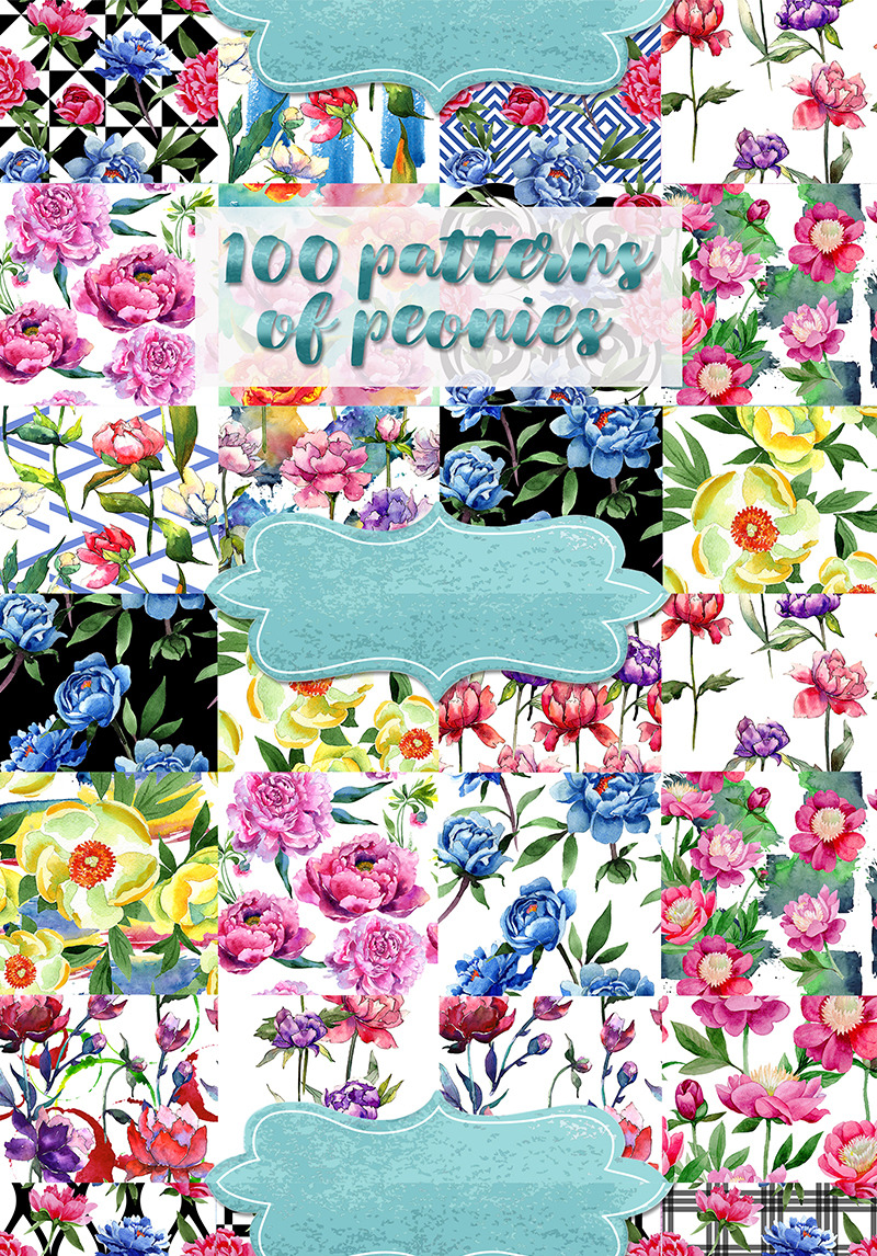 Wonderful 100 Patterns of Peonies JPG Set - Illustration