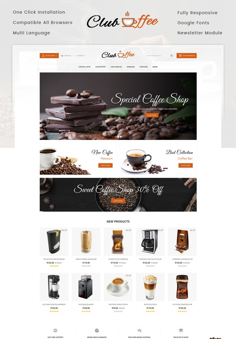 Club Coffee Shop OpenCart Template #73638