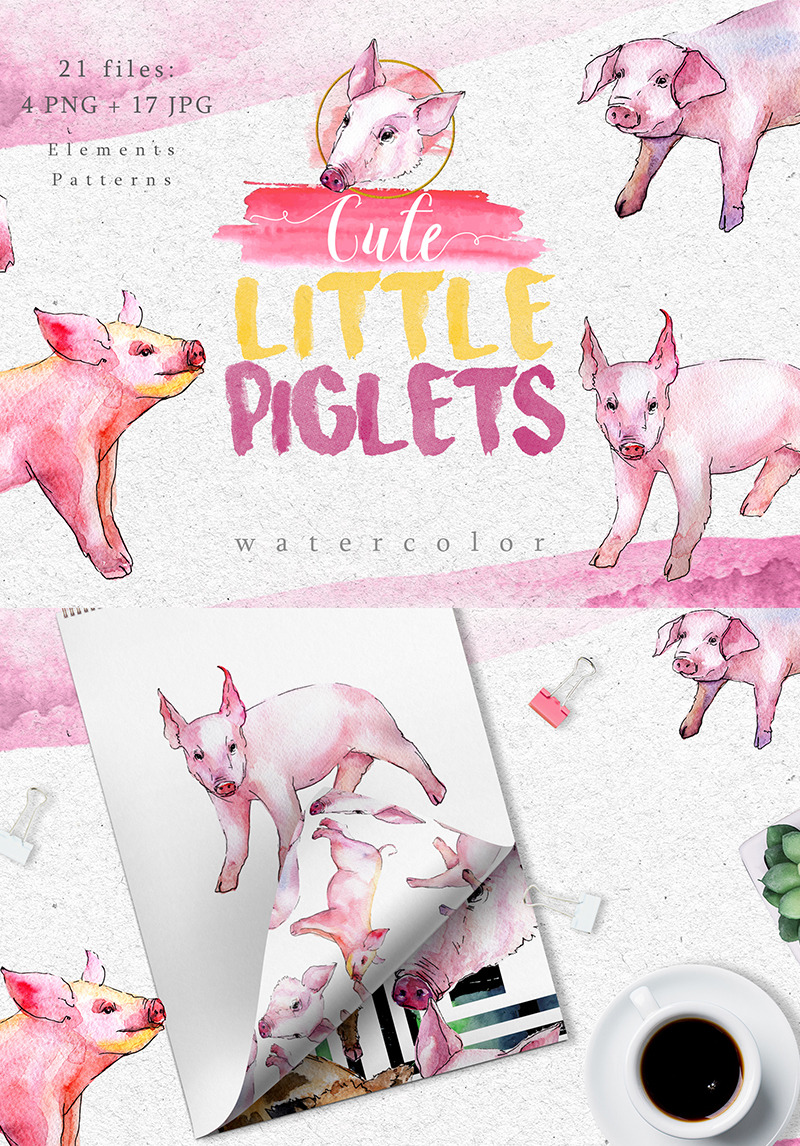 Watercolor Pink Pig Png Set - Illustration - TemplateMonster