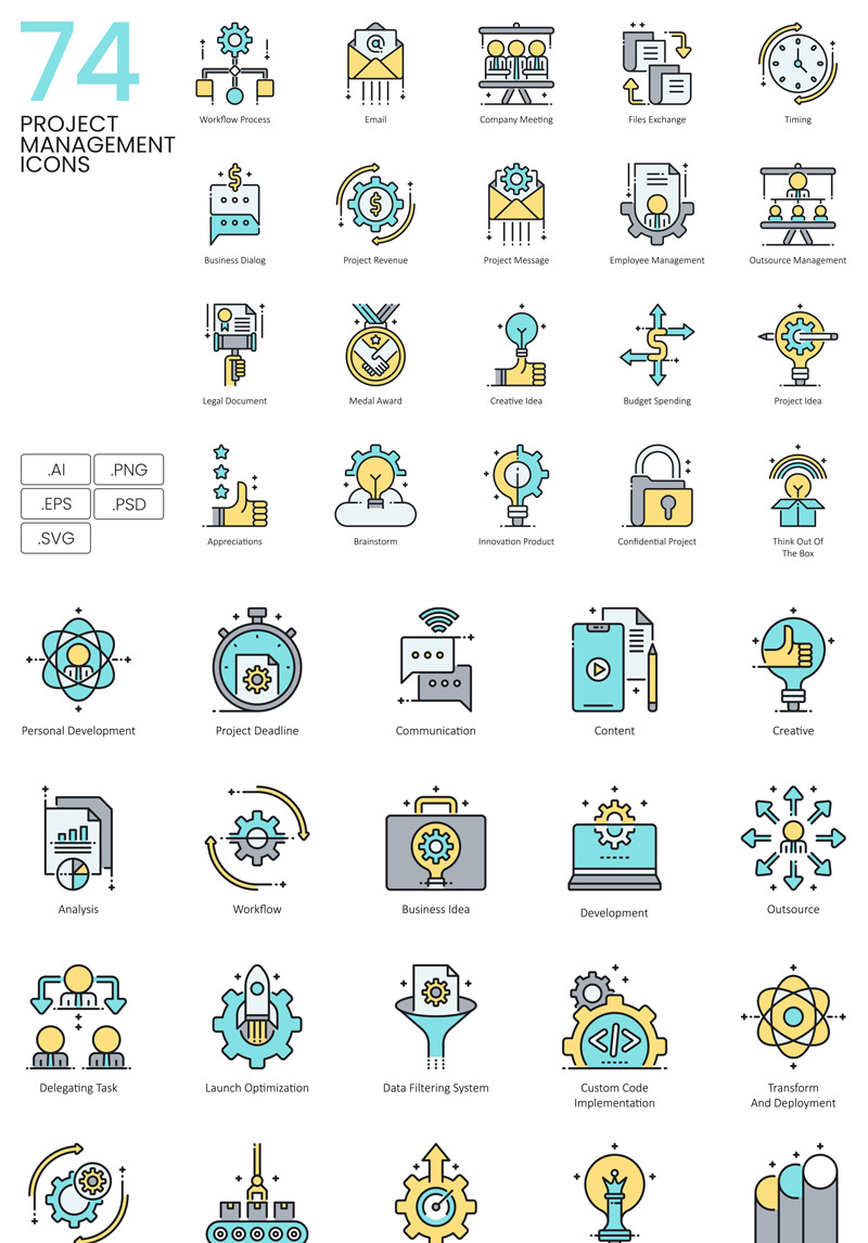 74 Project Management Icons - Aqua Series Iconset Template #89619