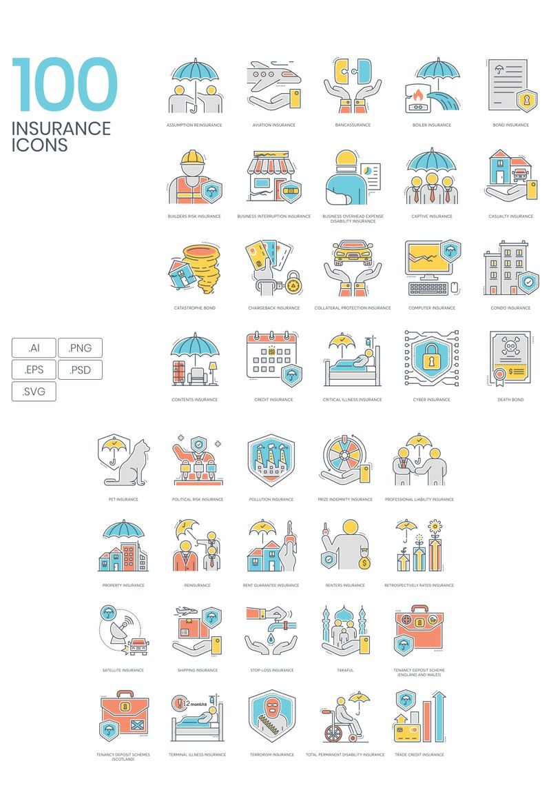 100 Insurance Icons - ColorLine Series Iconset Template #91352