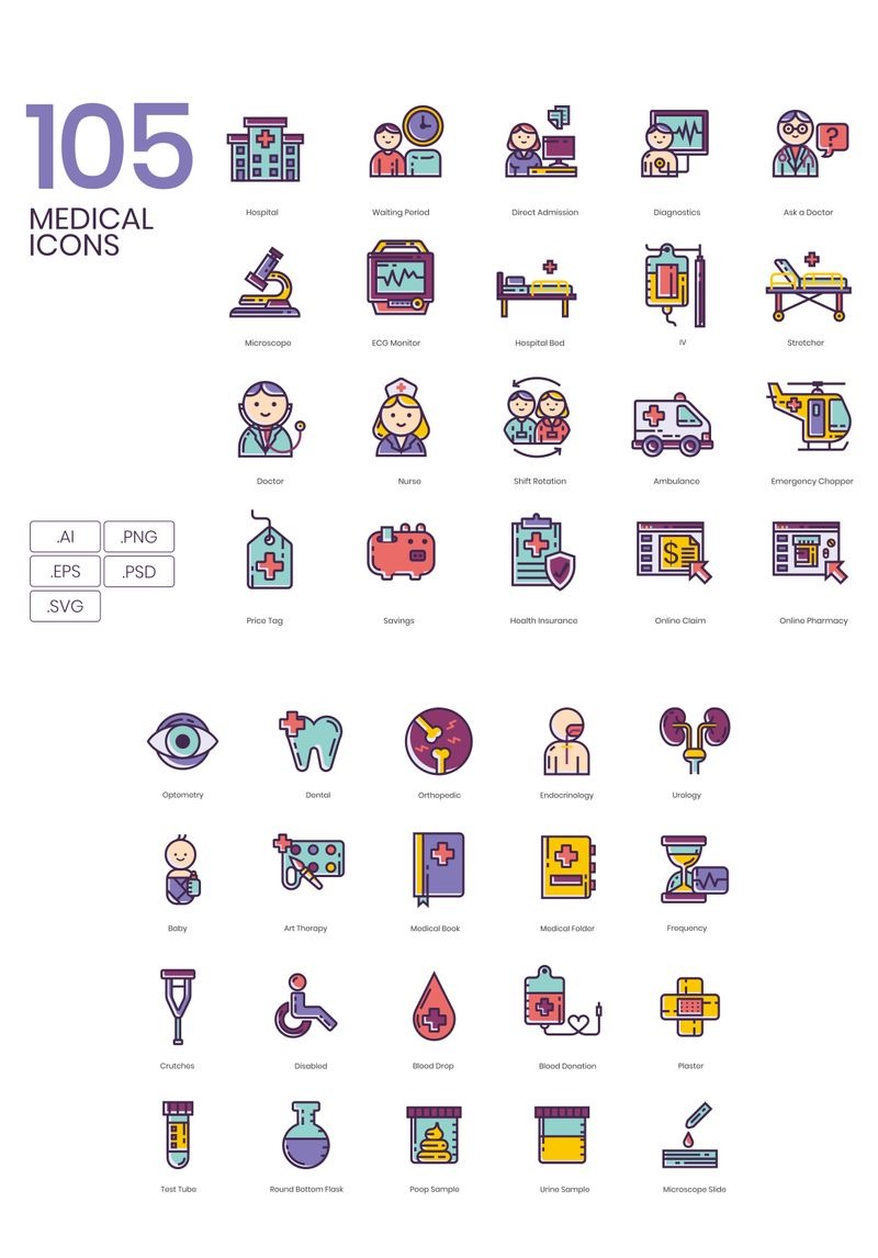 105 Medical Icons - Lilac Series Iconset Template #91367