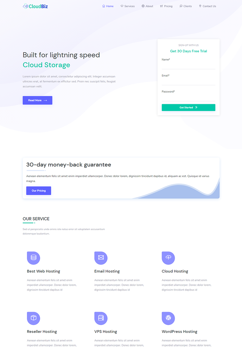 Cloudbiz - Hosting promotion Landing Page Template #91810