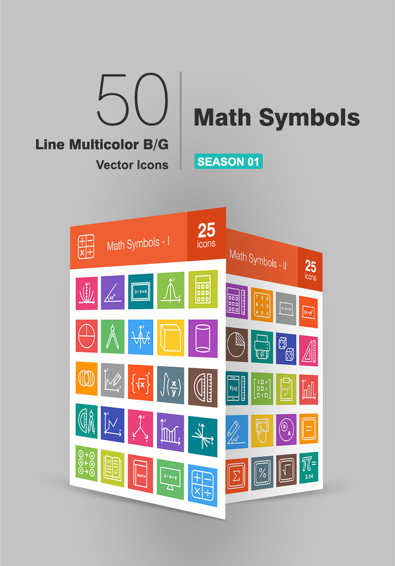50 Math Symbols Line Multicolor B/G Iconset Template #93600