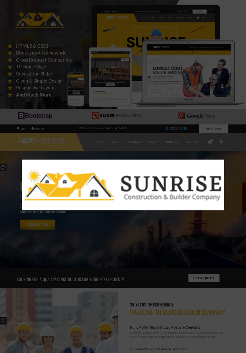Sunrise Construction & Builder Company Responsive HTML Landing Page Template #96977