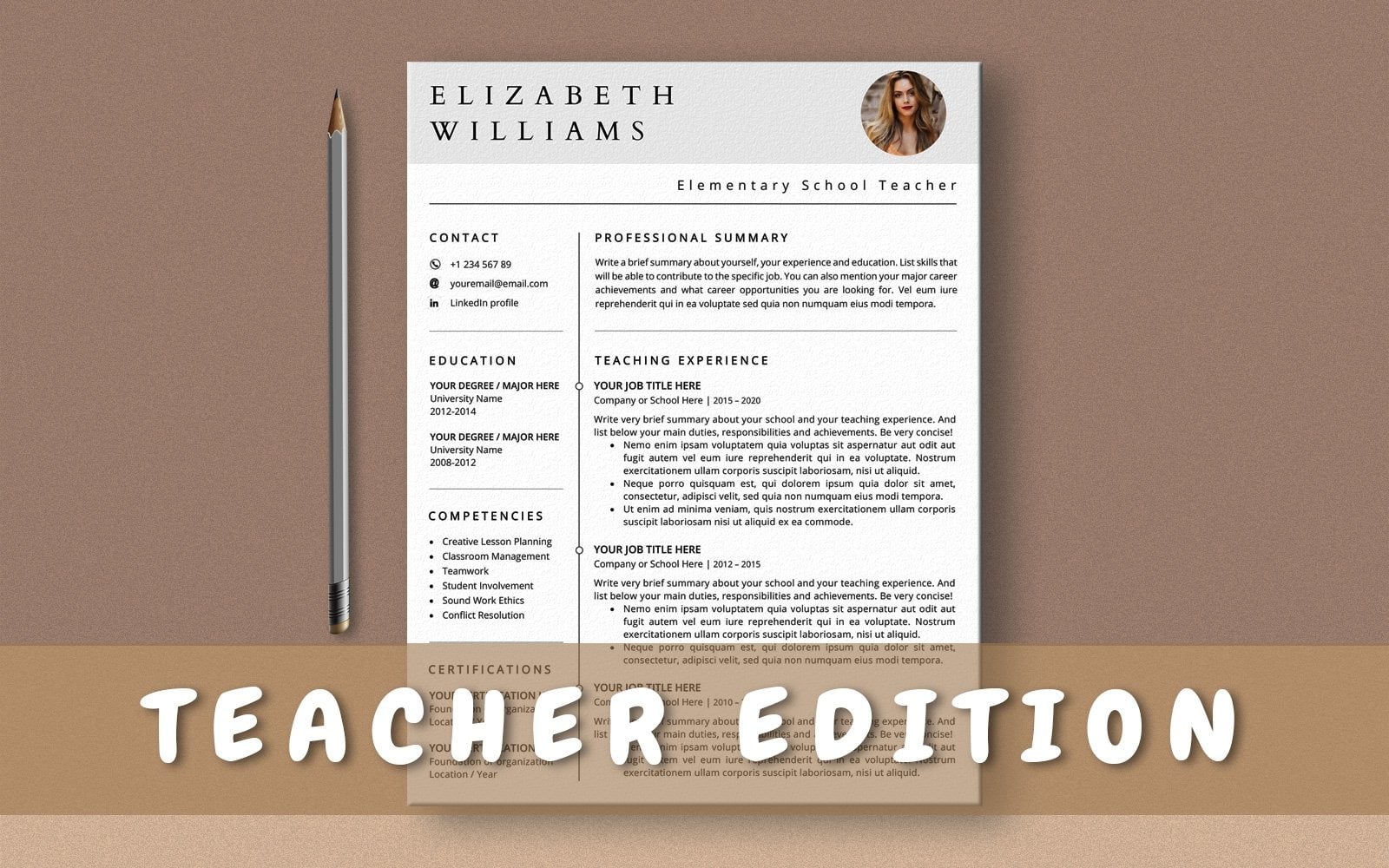 Teacher Resume Template For MS Word, Teaching CV Template