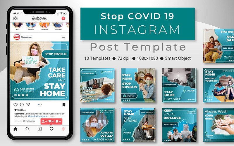 Stay Home Stop Covid19 - Instagram Post Template for Social Media