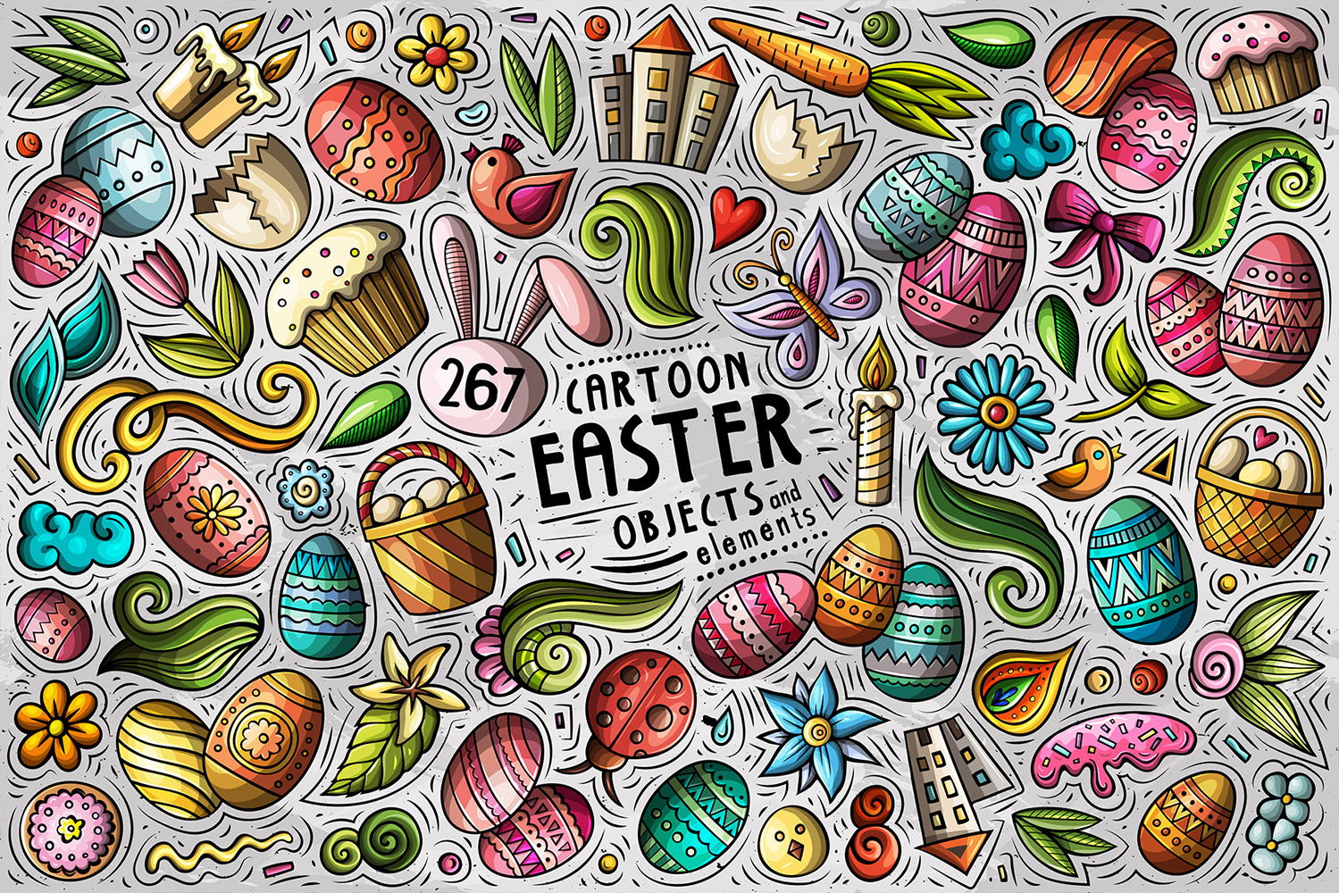 Happy Easter Cartoon Objects Set - Vector Image
