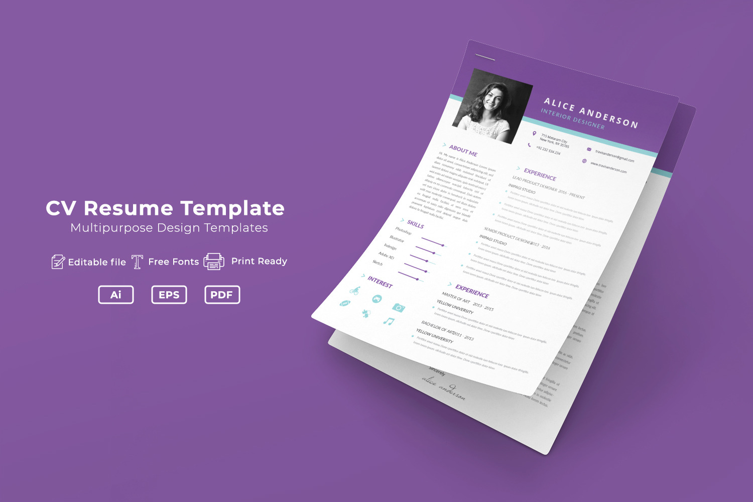 Clean and creative Alice CV Resume Template - TemplateMonster