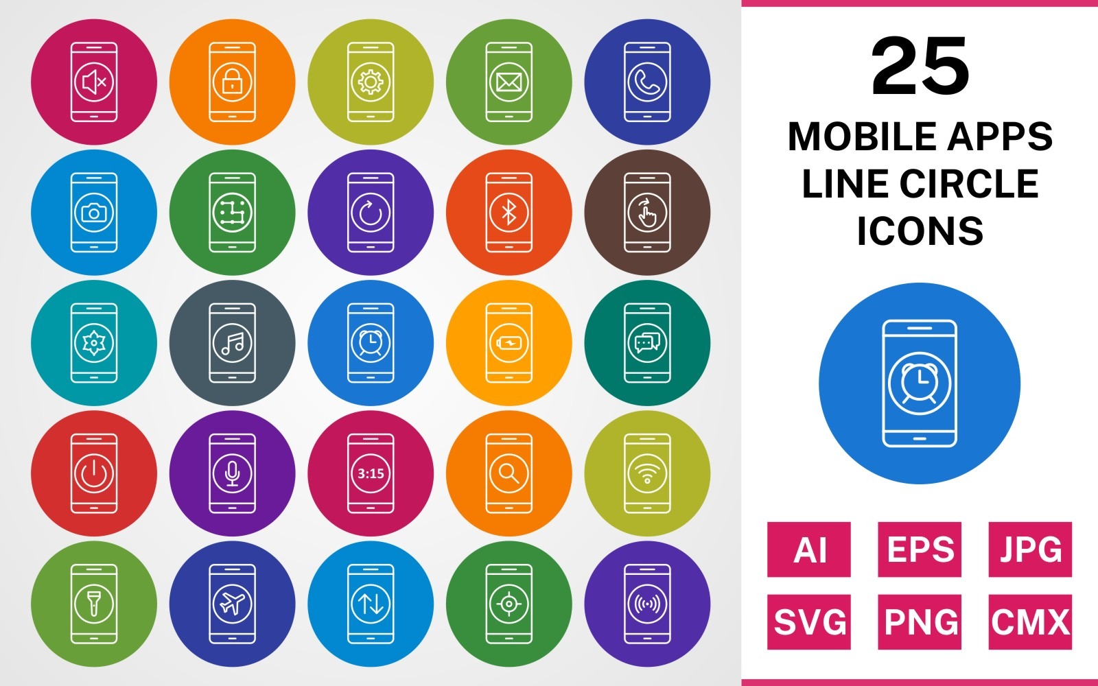 25 MOBILE APPS LINE CIRCLE PACK Icon Set - TemplateMonster