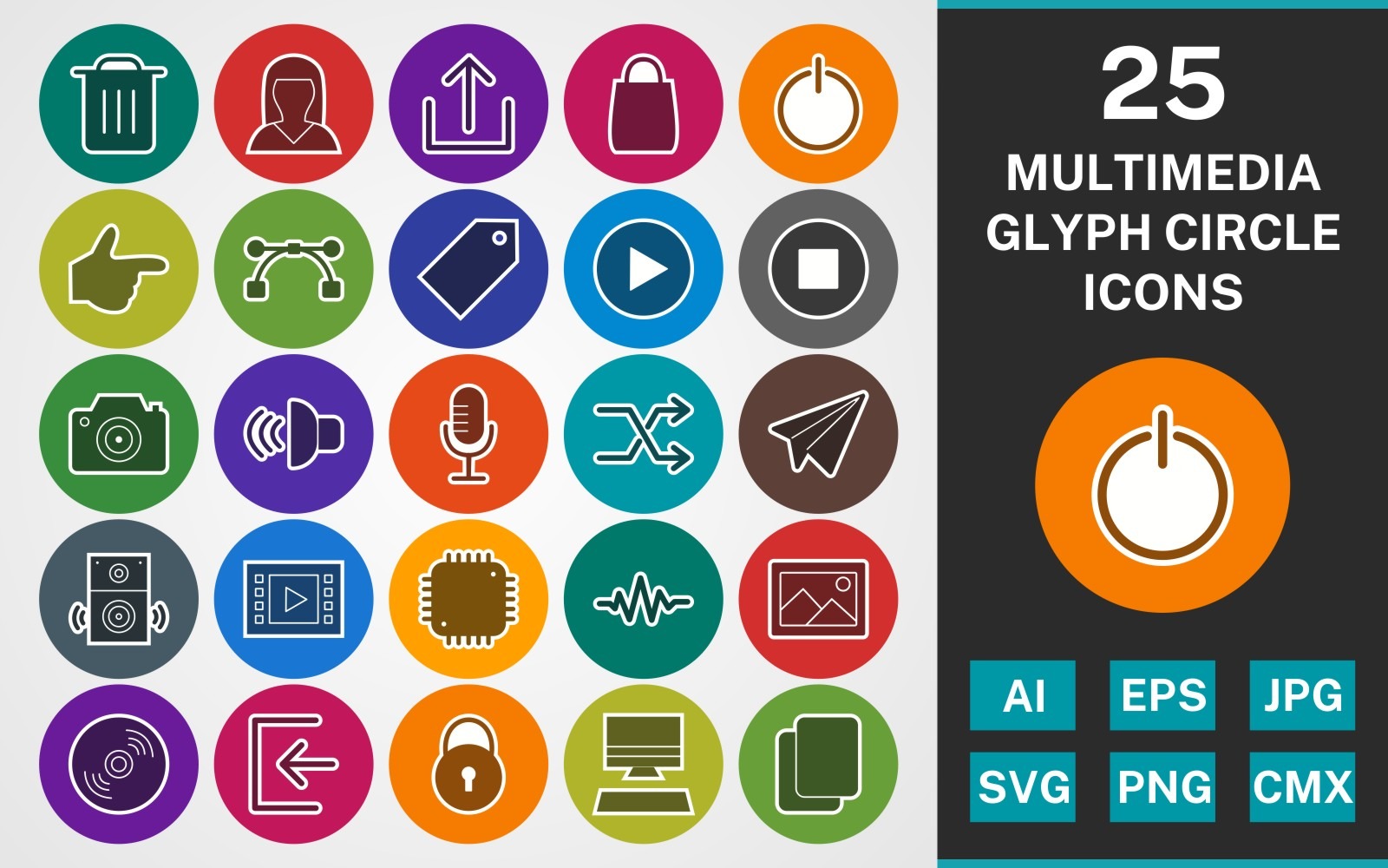 25 MULTIMEDIA GLYPH CIRCLE PACK Icon Set - TemplateMonster