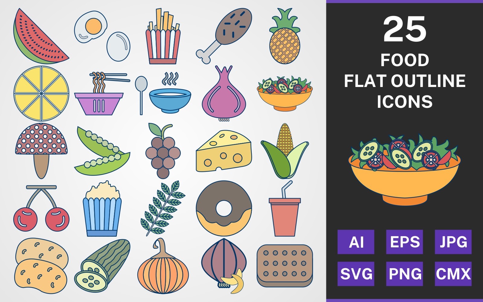 25 FOOD FLAT OUTLINE PACK Icon Set #116913 - TemplateMonster