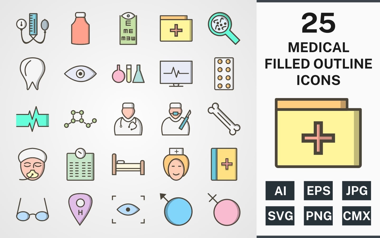 25 MEDICAL FILLED OUTLINE PACK Icon Set - TemplateMonster