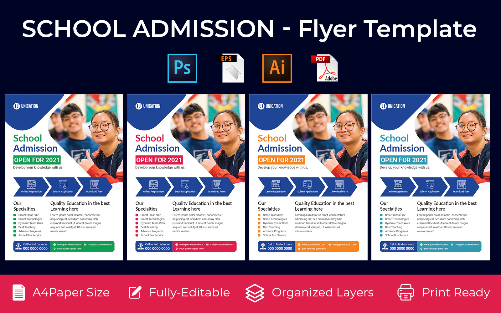 School Admission promotion flyer PSD, AI design volume-1